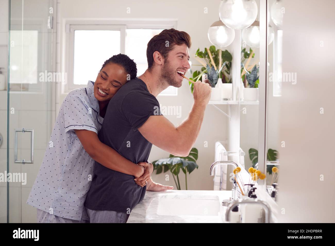 couple, embracing, loving, bathroom, brushing teeth, pairs, cuddling ...