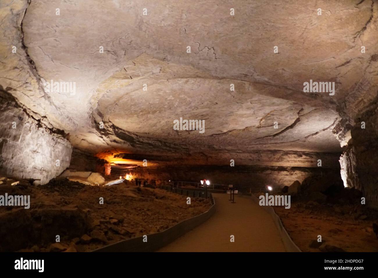 The large lit up walking path inside of Mammoth Cave near Kentucky, U.S ...