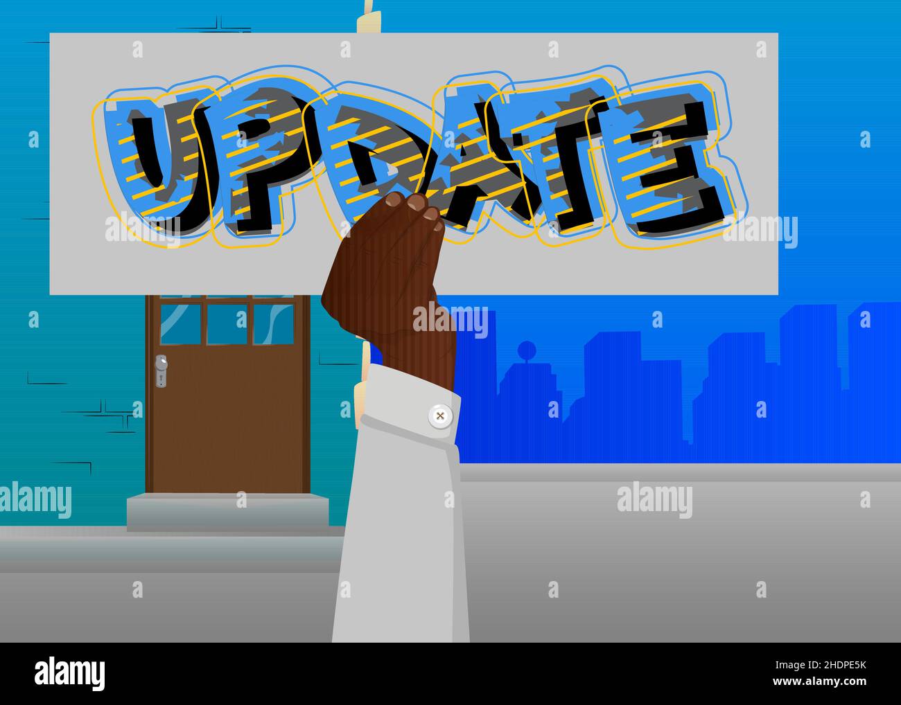 Hand holding banner with Update text. Man showing billboard Stock ...