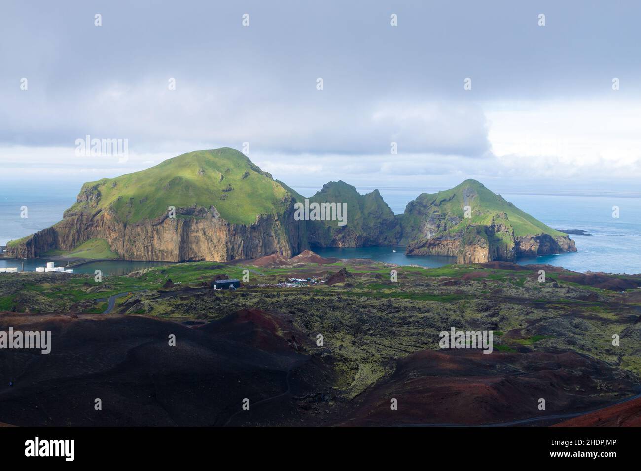 Heimaey town aerial view from Eldfell volcano. Iceland landscape ...