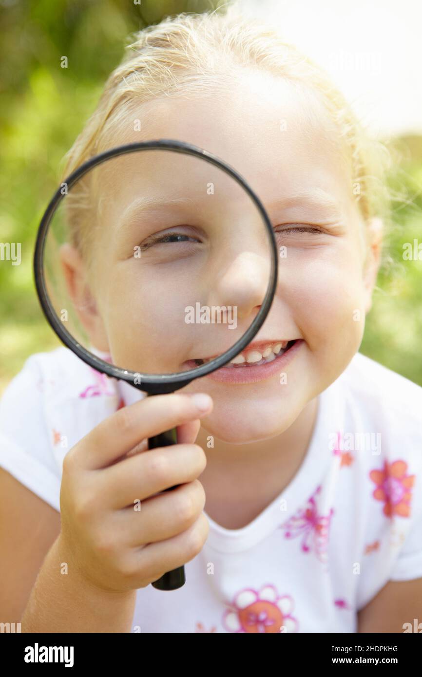 girl, watching, magnifying glass, curiosity, girls, curiosities Stock ...