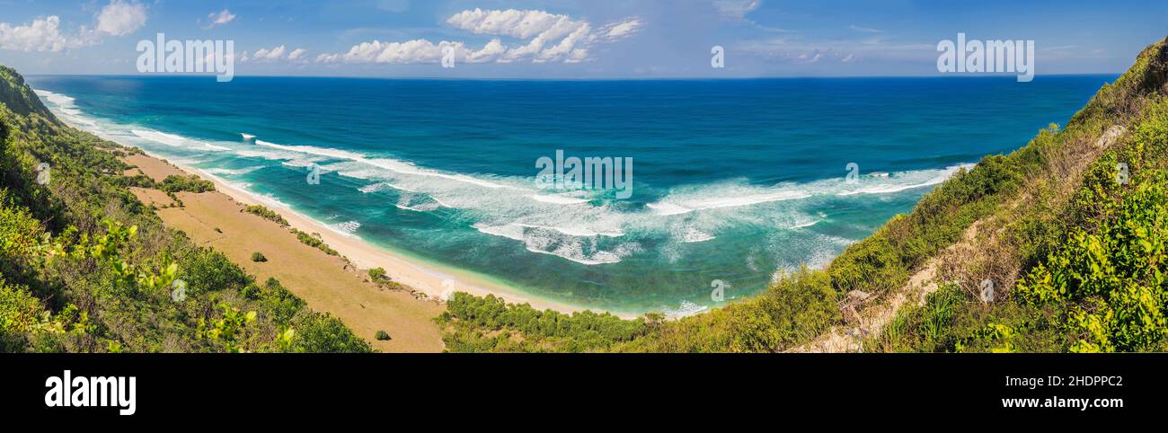Top aerial view of beauty Bali beach. Empty paradise beach, blue sea ...