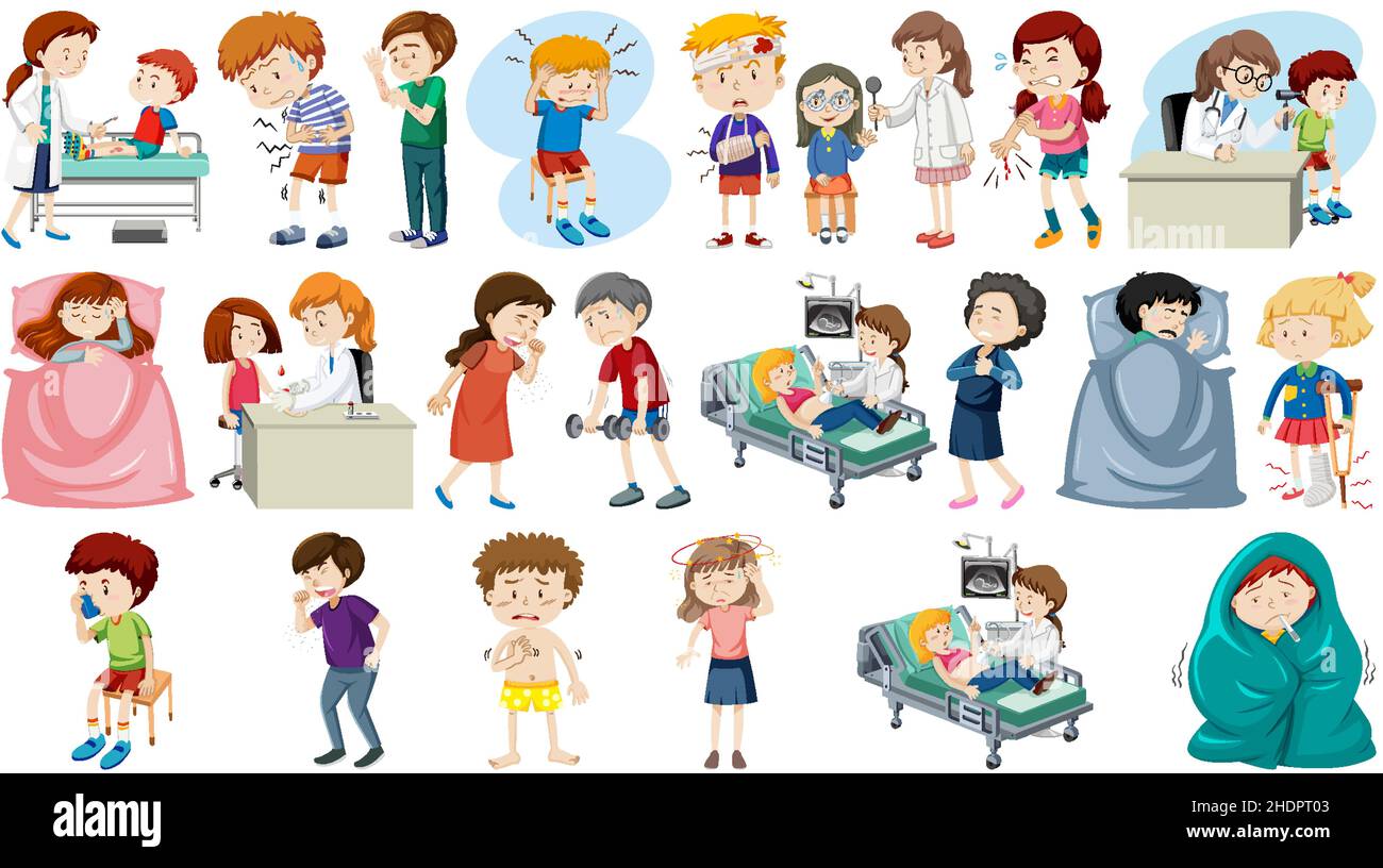 Set of sick people with different symptoms illustration Stock Vector ...