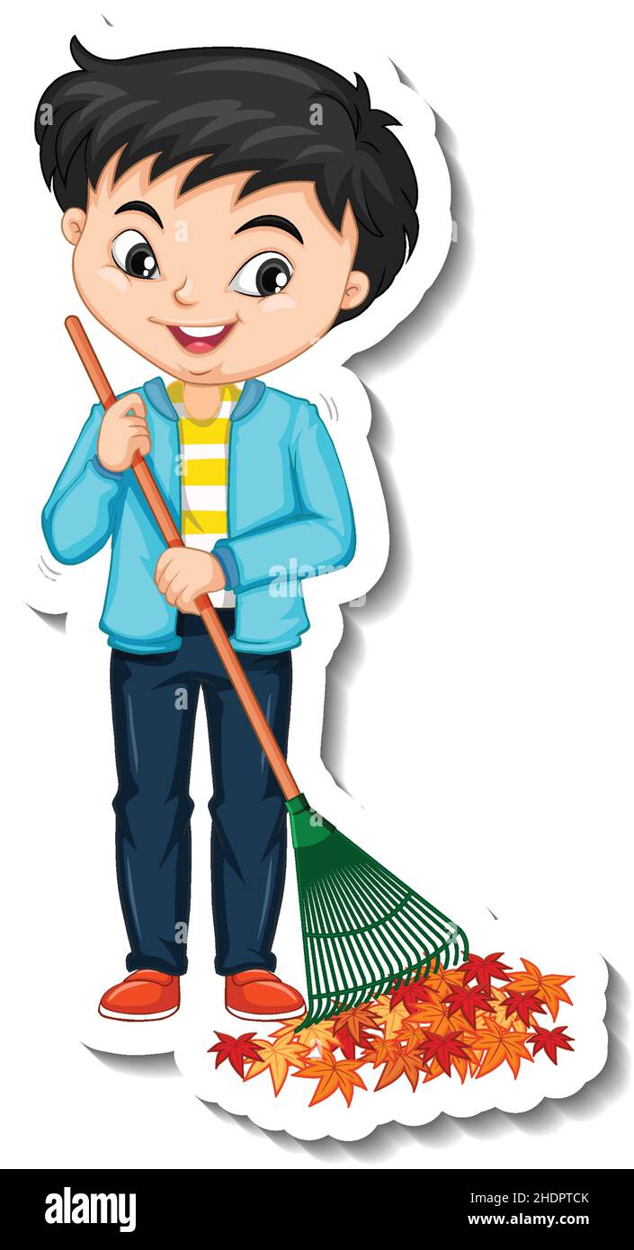 A boy using rake cartoon character illustration Stock Vector Image ...