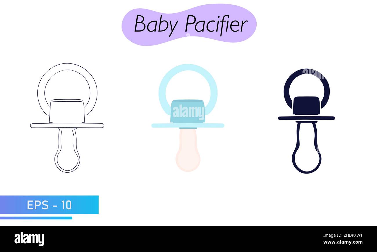 A pacifier for a baby. Nipple. In solid fill, in lines and in color ...