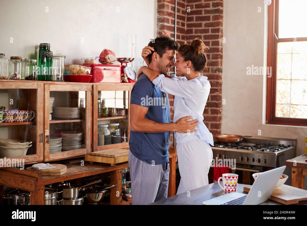 couple, embracing, kitchen, morning, pairs, cuddling, hug, hugging ...