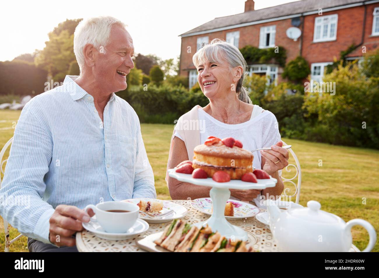 domestic life, cake, older couple, coffee drink, at home, domestic ...