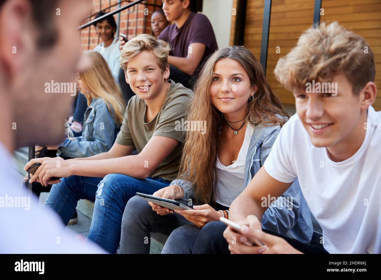 pupils, talking, liaison teacher, school childrens, talk Stock Photo ...