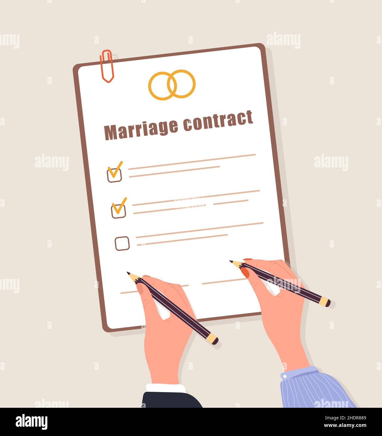 Marriage contract. Couple signs prenuptial agreement document. Prenup ...