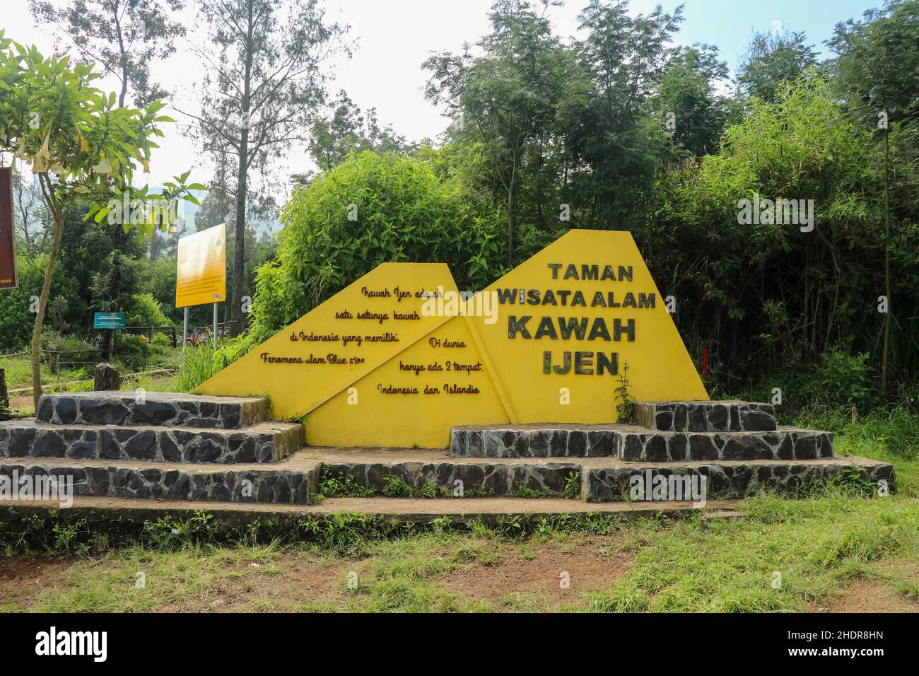 Kawah Ijen, East Java, Indonesia, 2 June, 2021. New sign monument at ...
