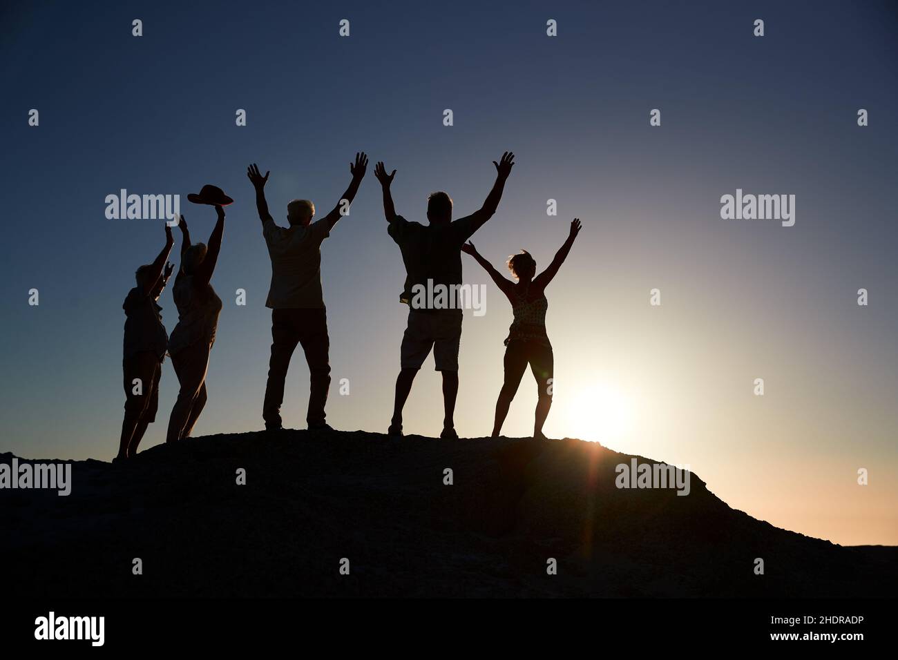 silhouette, evening sun, cheering, arms up, silhouettes, evening suns ...