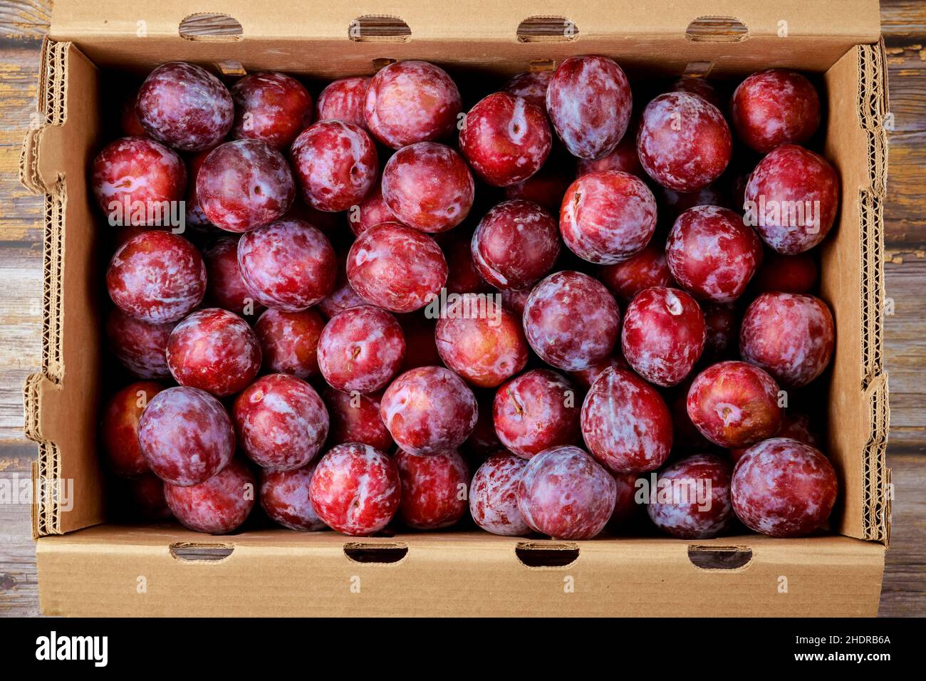 Top view of sweet ripe red plum in big box Stock Photo - Alamy