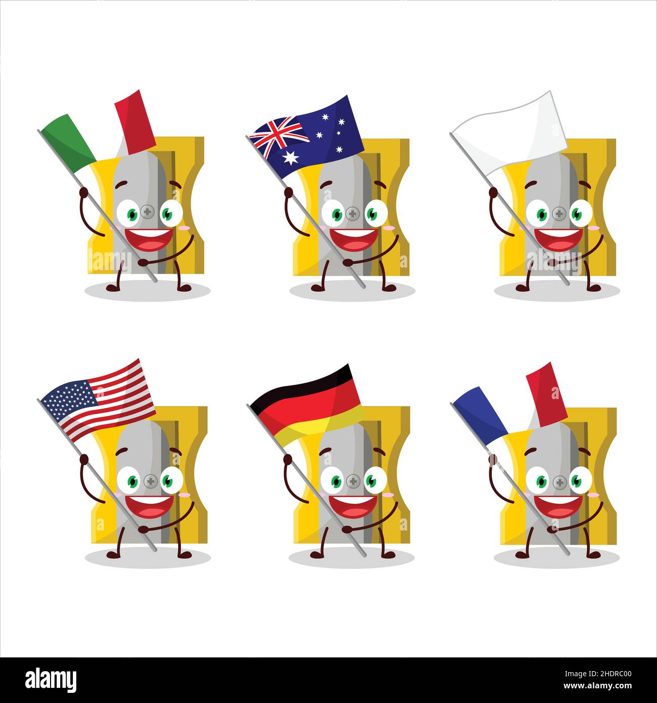 Yellow pencil sharpener cartoon character bring the flags of various ...