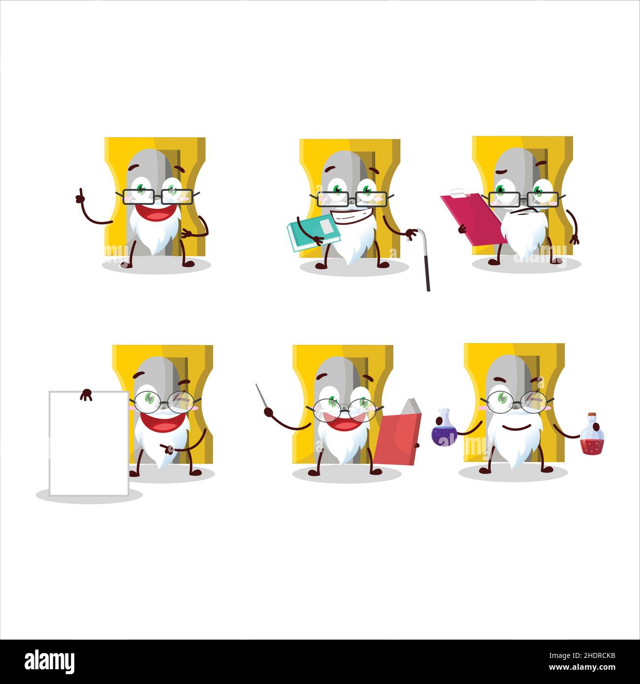 Professor yellow pencil sharpener academic cartoon character working on ...