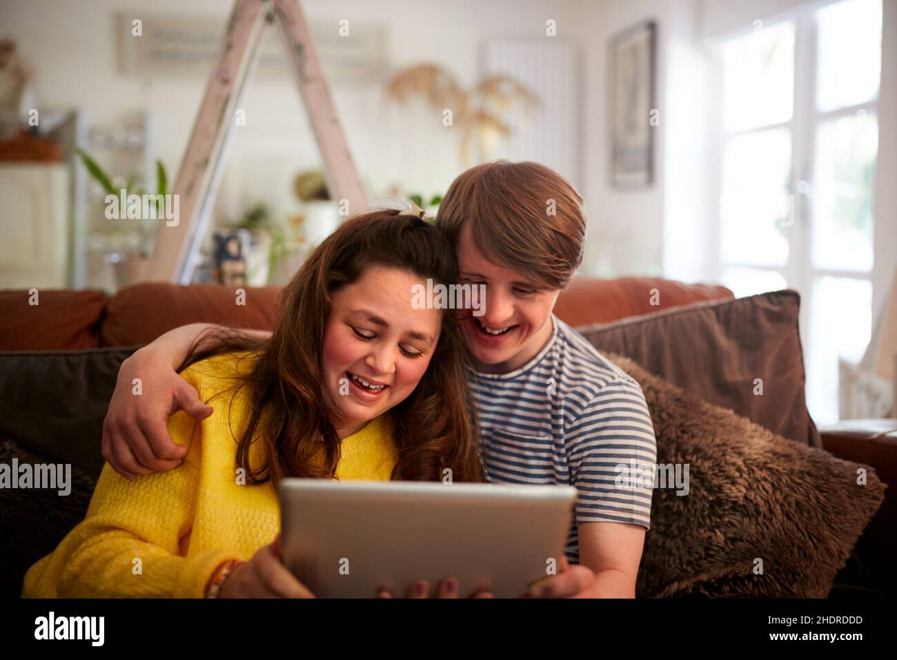 couple, embracing, home, Trisomy 21, streaming, pairs, cuddling, hug ...