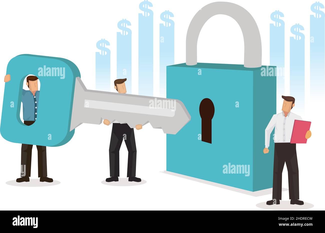 Businessmen with key and lock. Concept of solution finding. Flat ...