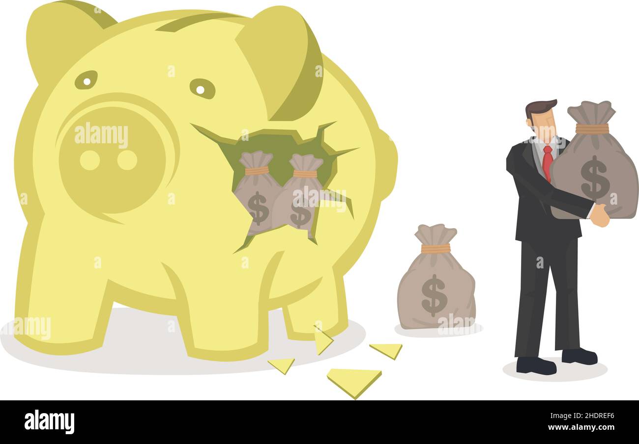 Businessman breaking the piggy bank to take out the money. Isolated on ...