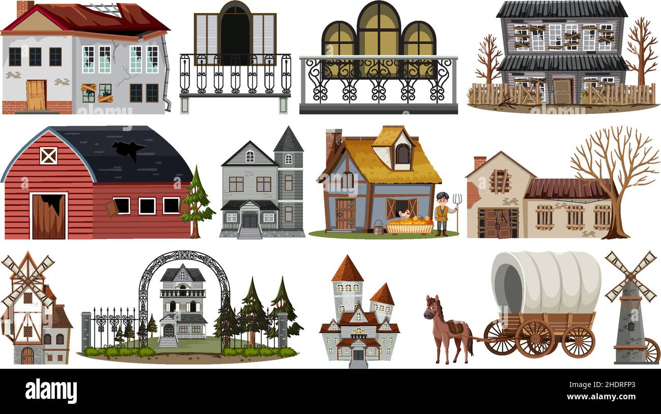 Set of abandoned houses and buildings illustration Stock Vector Image ...