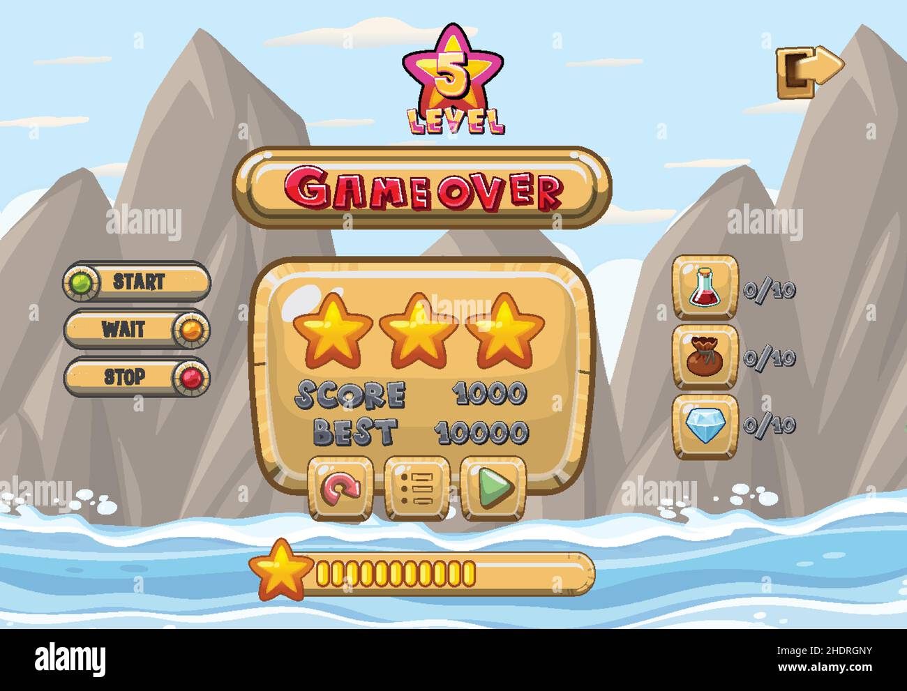 Game user interface with game over and three stars illustration Stock ...