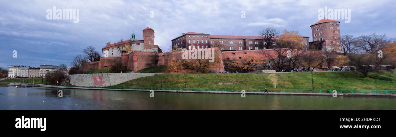 Panoramic photo of the Wawel Castle in Krakow. View from Vistula river ...