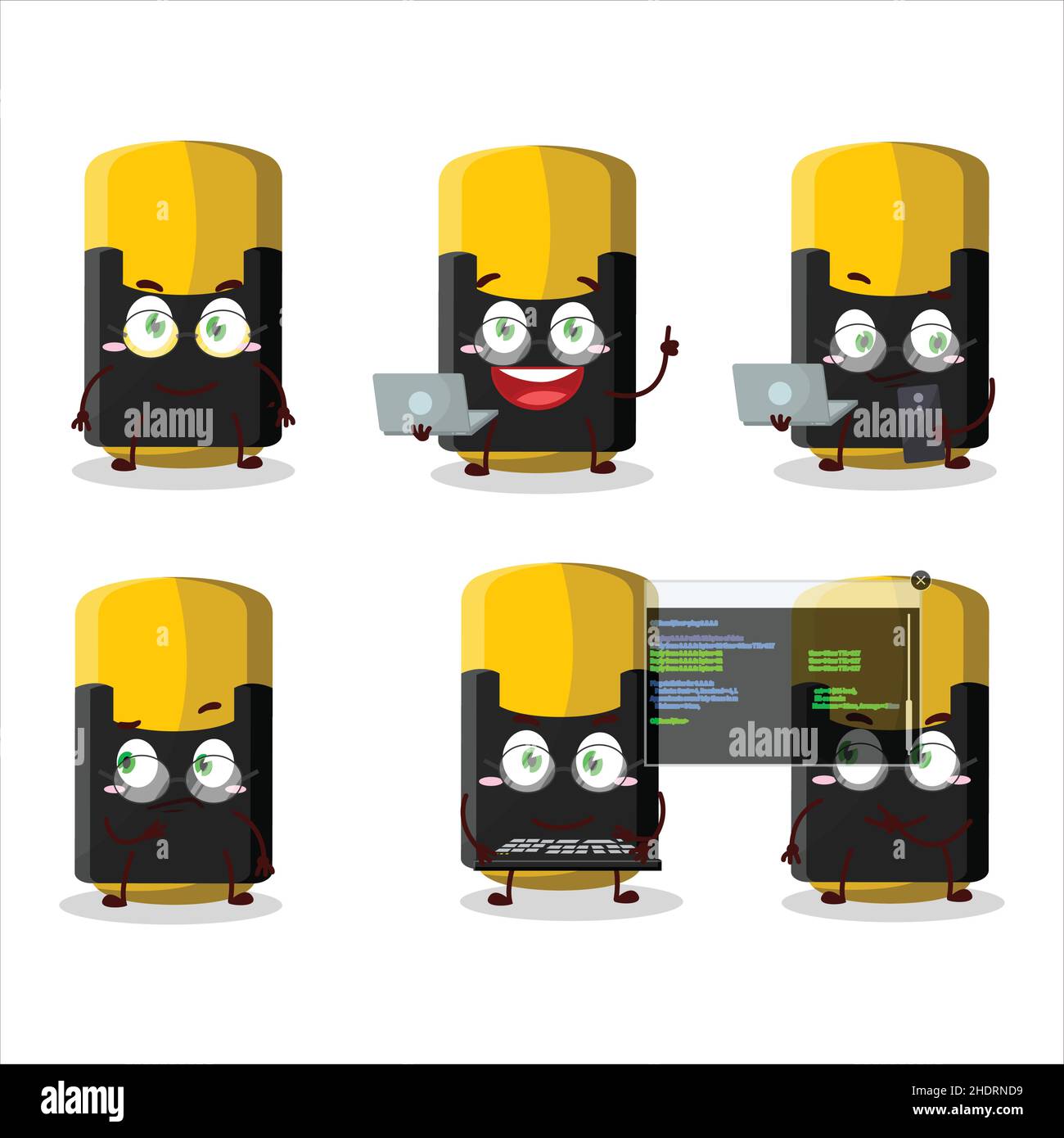 Yellow highlighter Programmer cute cartoon character with. Vector ...