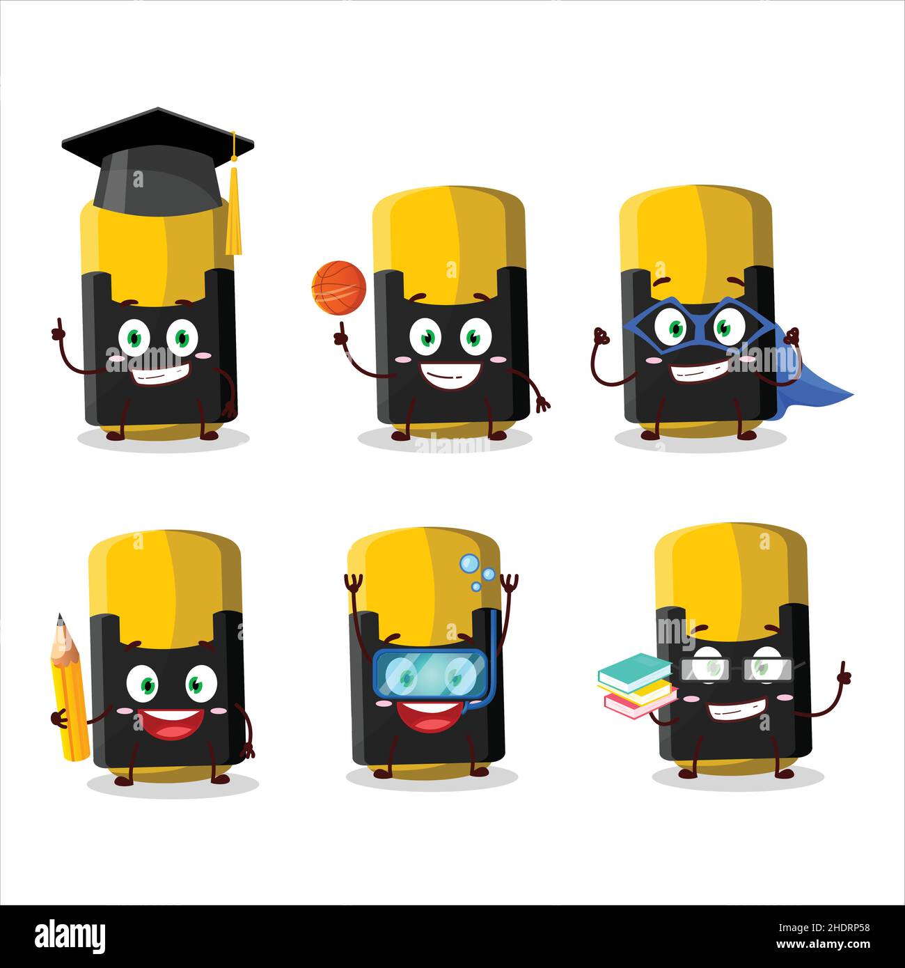 School student of yellow highlighter cartoon character with various ...