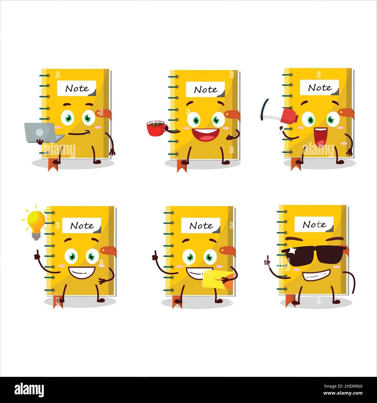 Note book cartoon character with various types of business emoticons ...