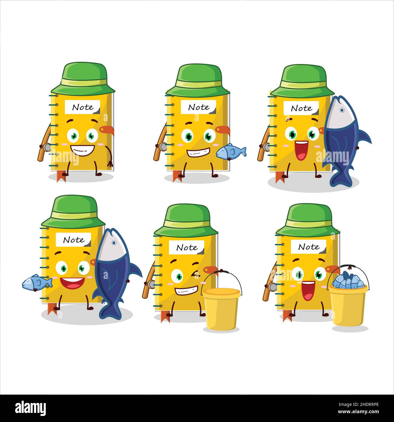 A fisherman note book cartoon picture catch a big fish. Vector ...