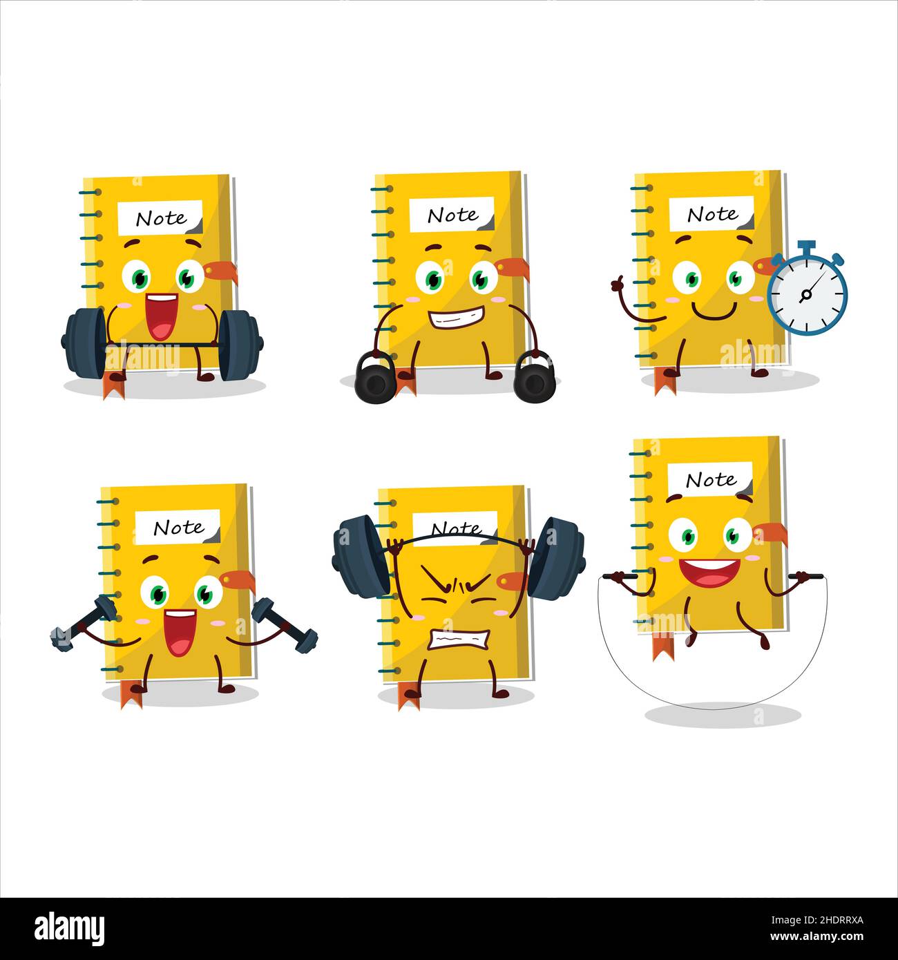 A healthy note book cartoon style trying some tools on Fitness center ...