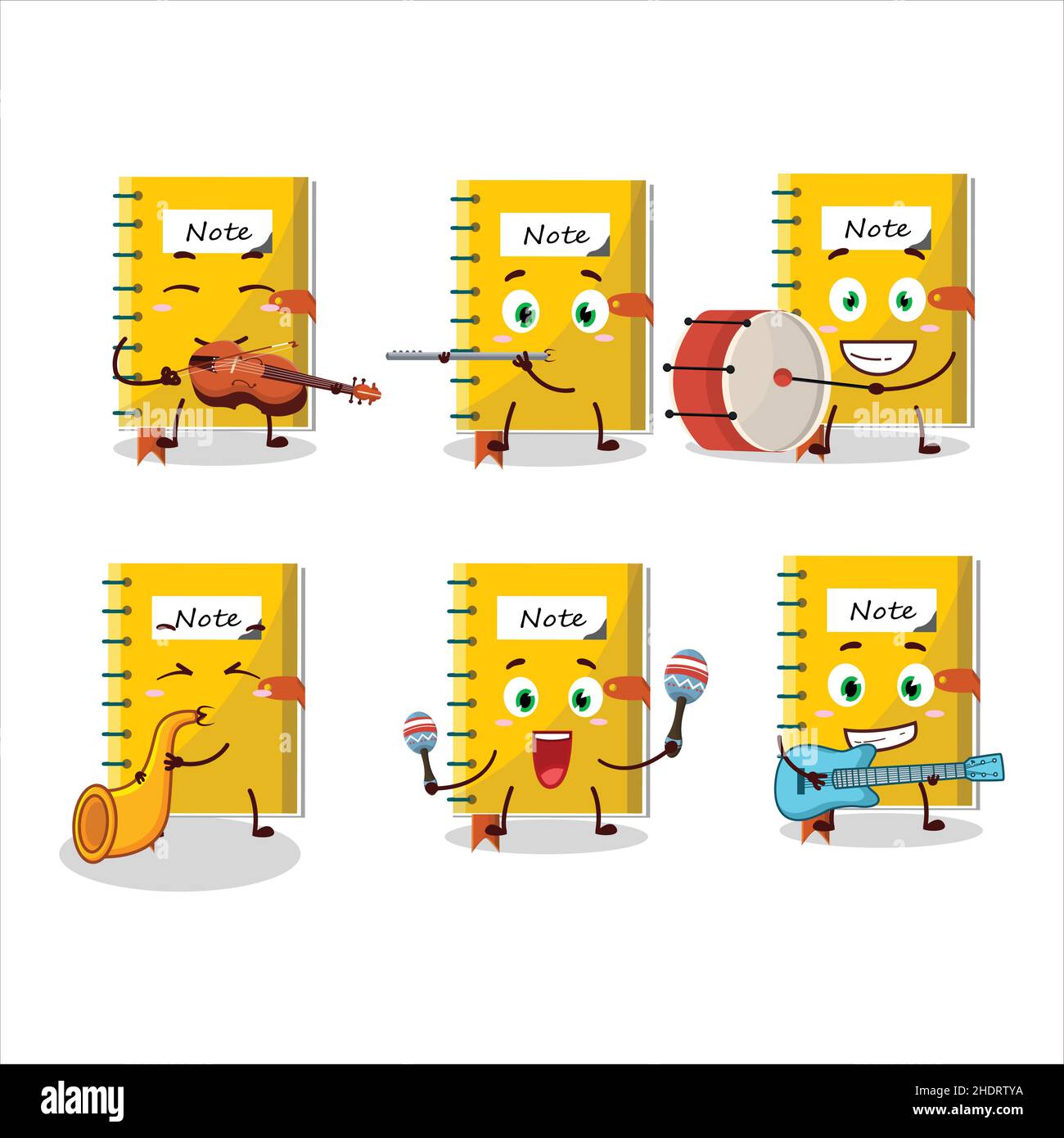 Cartoon character of note book playing some musical instruments. Vector ...
