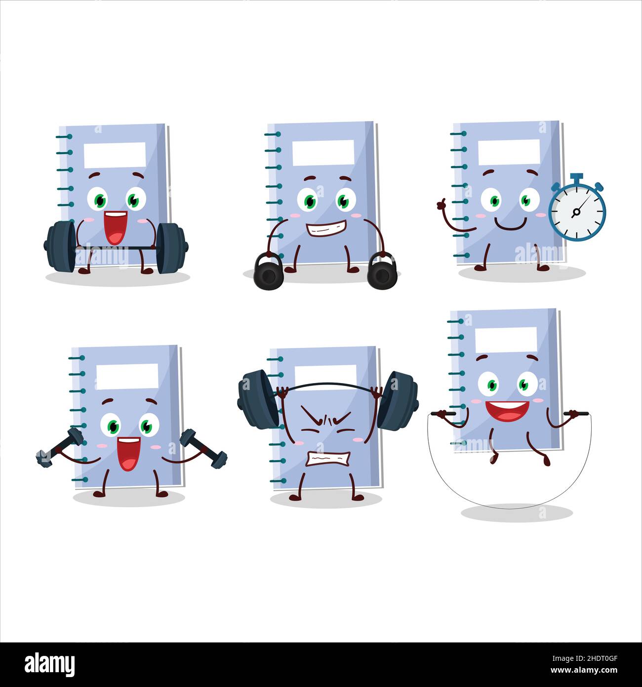 A healthy blue book cartoon style trying some tools on Fitness center ...