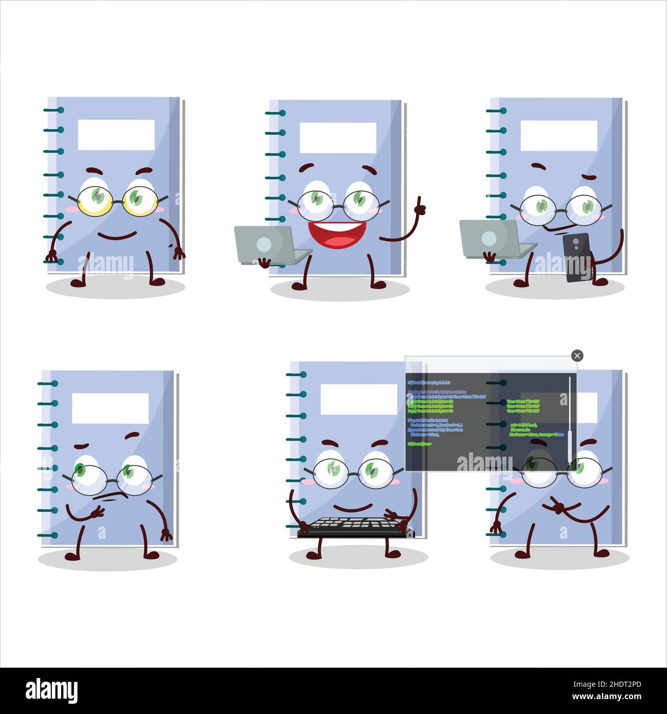 Blue book Programmer cute cartoon character with. Vector illustration ...