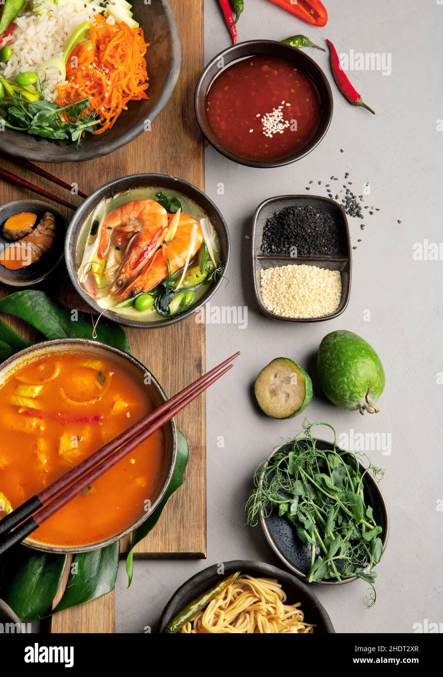 Asian dishes variety on gray background. Traditional food cocnept. Top ...