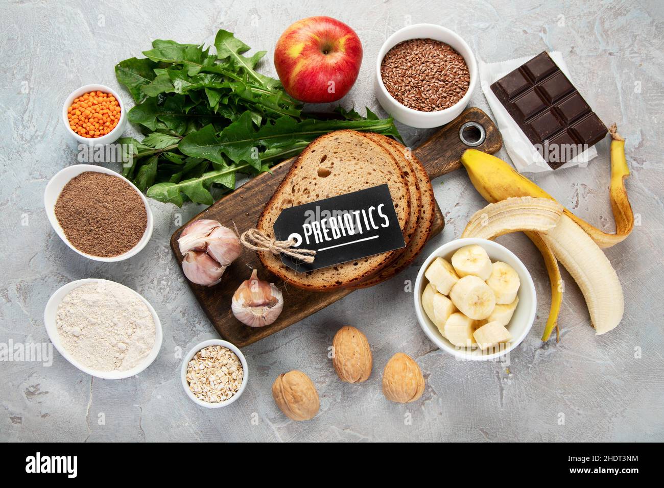 Best sources of prebiotic on light background. Healthy gud. Top view ...