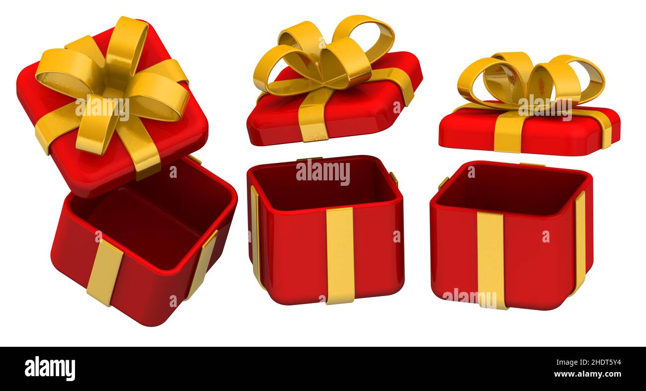 Open red gift boxes with golden ribbon and bow. 3D illustration Stock ...