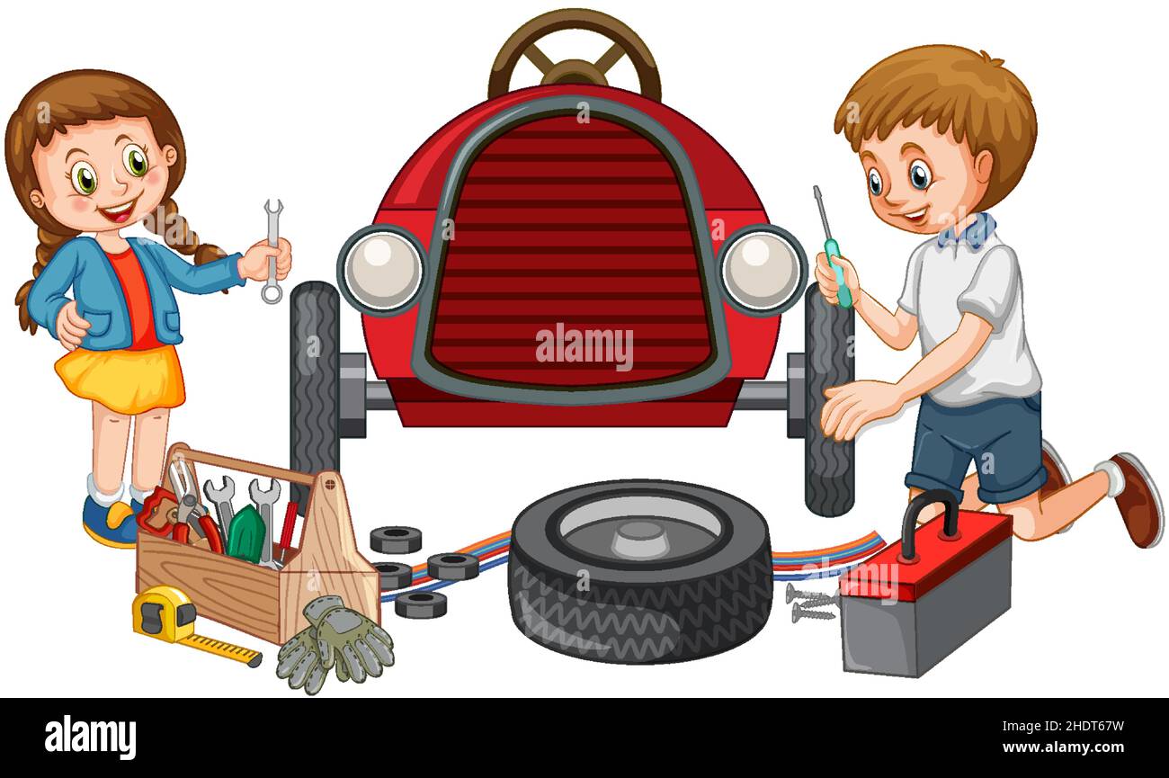 Dad and daughter repairing a car together illustration Stock Vector ...