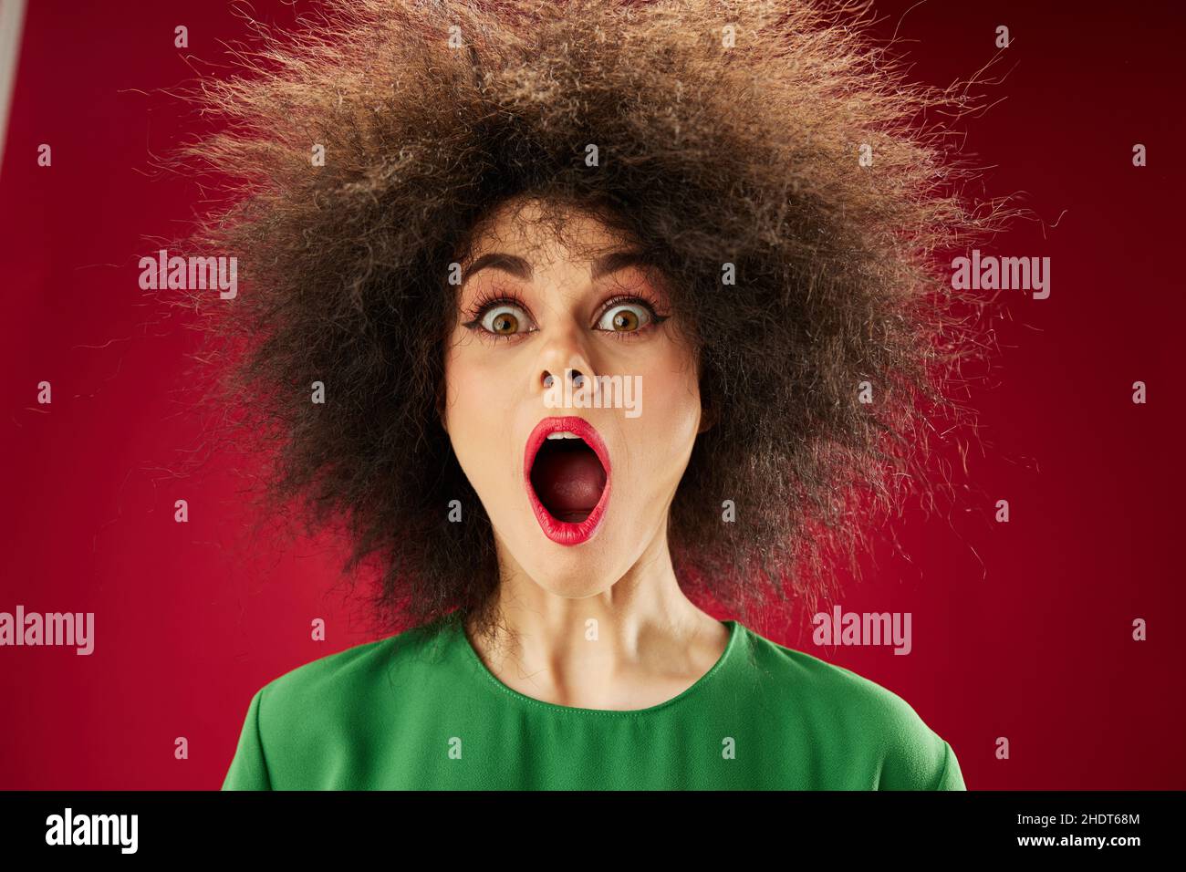 Beauty Fashion woman grimace afro hairstyle red lips fashion red ...