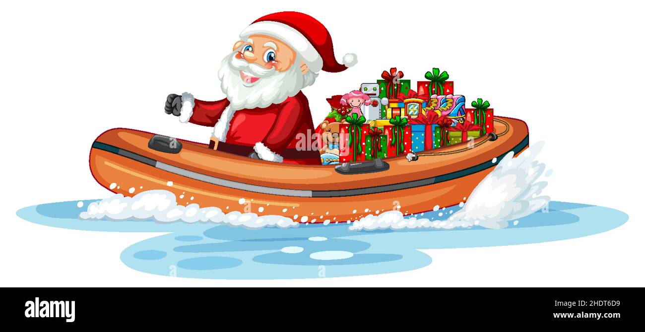 Christmas Santa Claus on inflatable boat with his gifts illustration ...