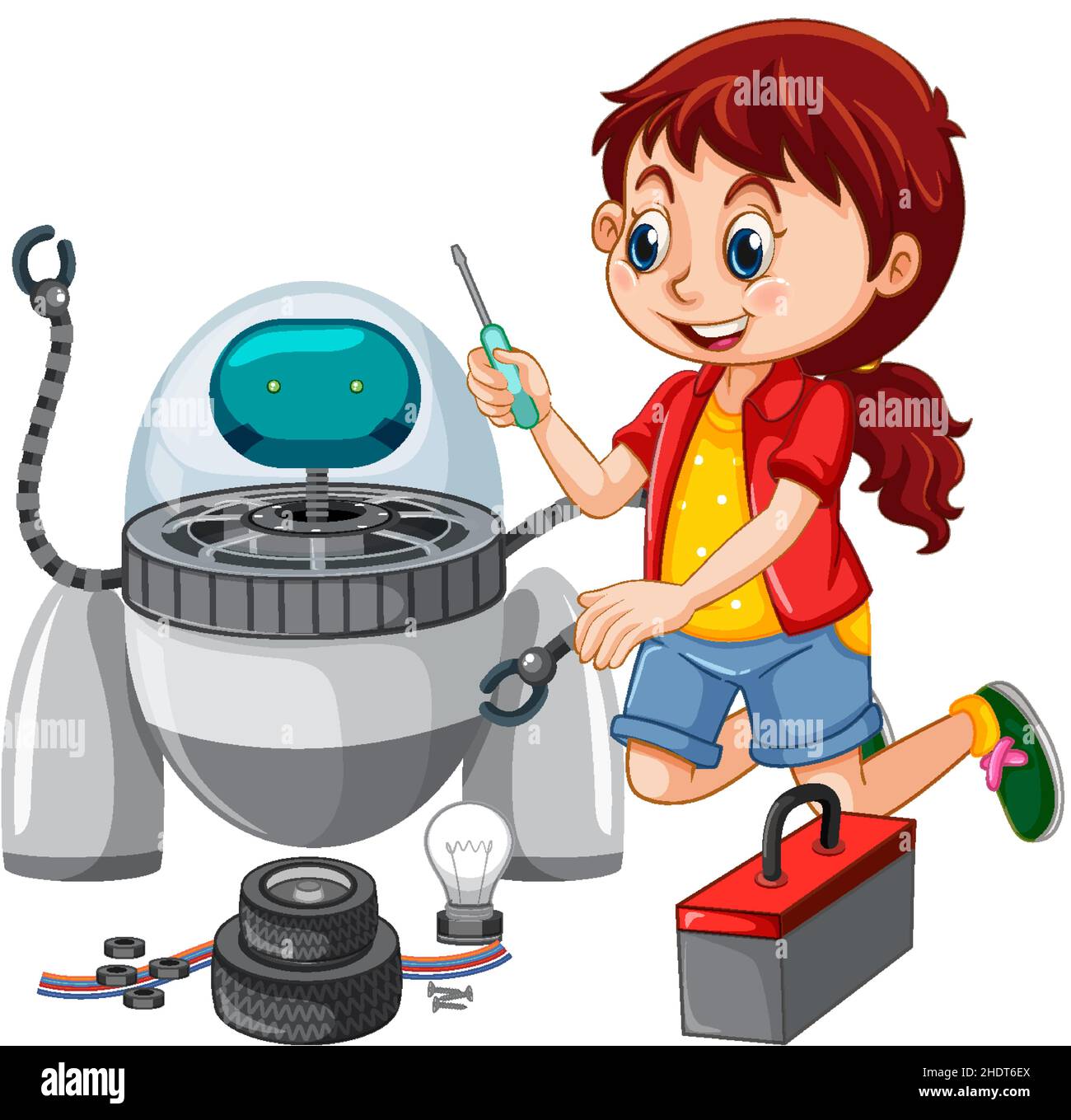 Young girl fixing a robot illustration Stock Vector Image & Art - Alamy