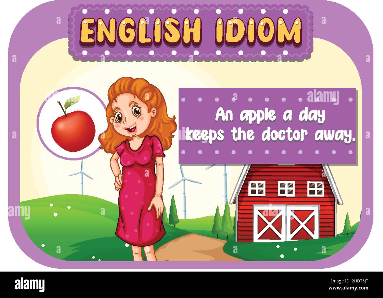 English idiom with an apple a day keeps the doctor away illustration ...