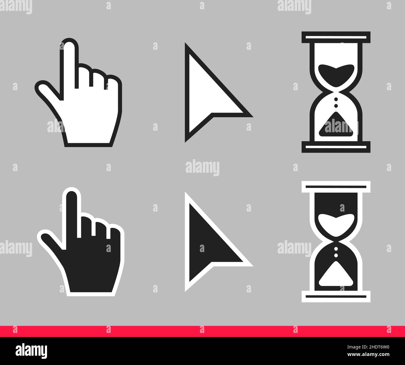 Pointer hand, arrow and hourglass loading clock mouse cursors icon sign ...