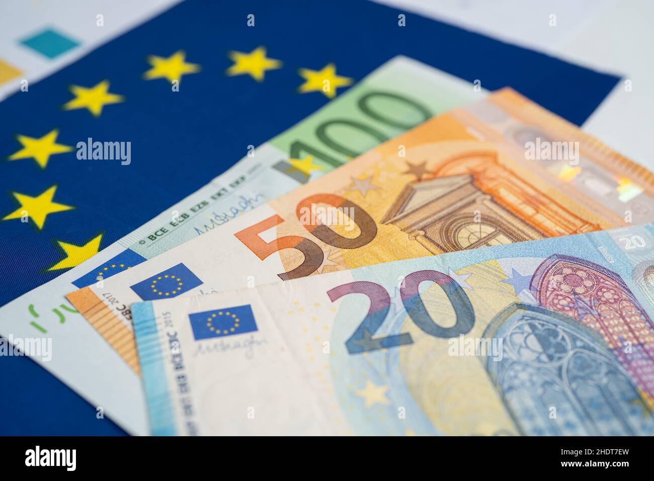 EU banknotes money on flag in europe , Business and finance concept ...