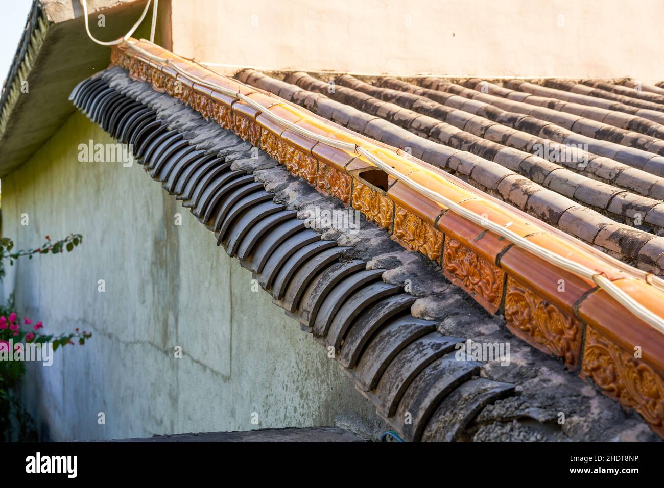 Close-up of brick and tile roof of traditional Chinese ancient building ...