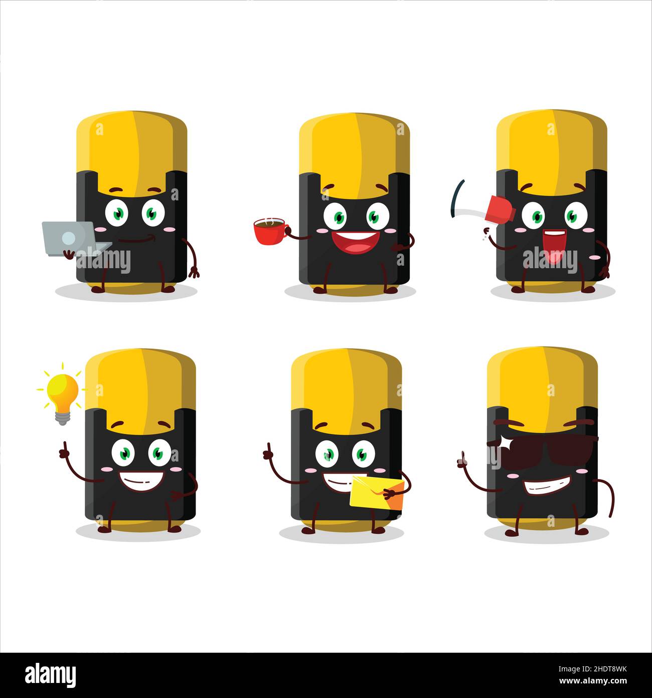 Yellow highlighter cartoon character with various types of business ...