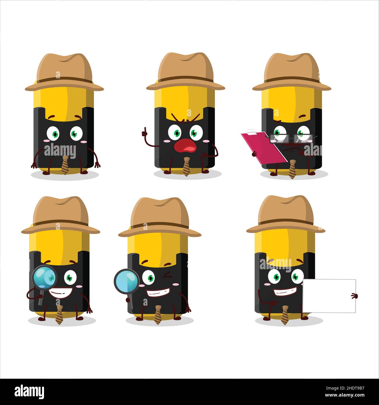 Detective yellow highlighter cute cartoon character holding magnifying ...