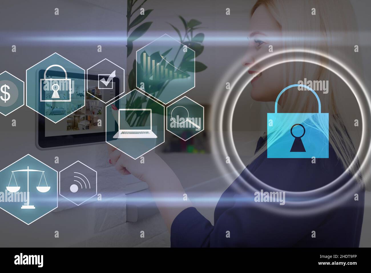 Digital cybersecurity and network protection concept. Virtual locking ...
