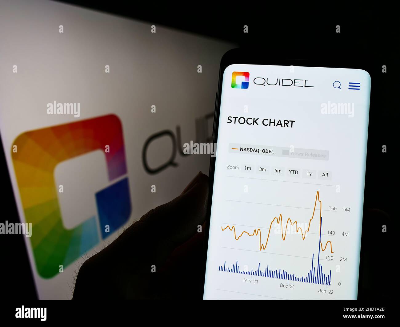 Person holding cellphone with webpage of US diagnostics company Quidel ...