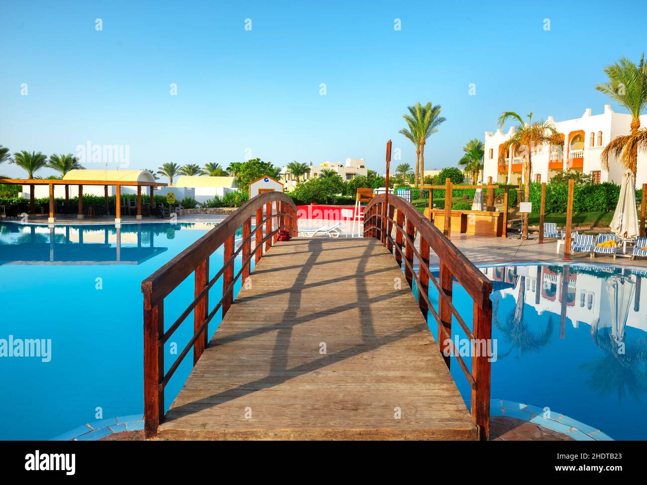 bridge, pool, resort, bridges, pools, wooden post, resorts Stock Photo ...