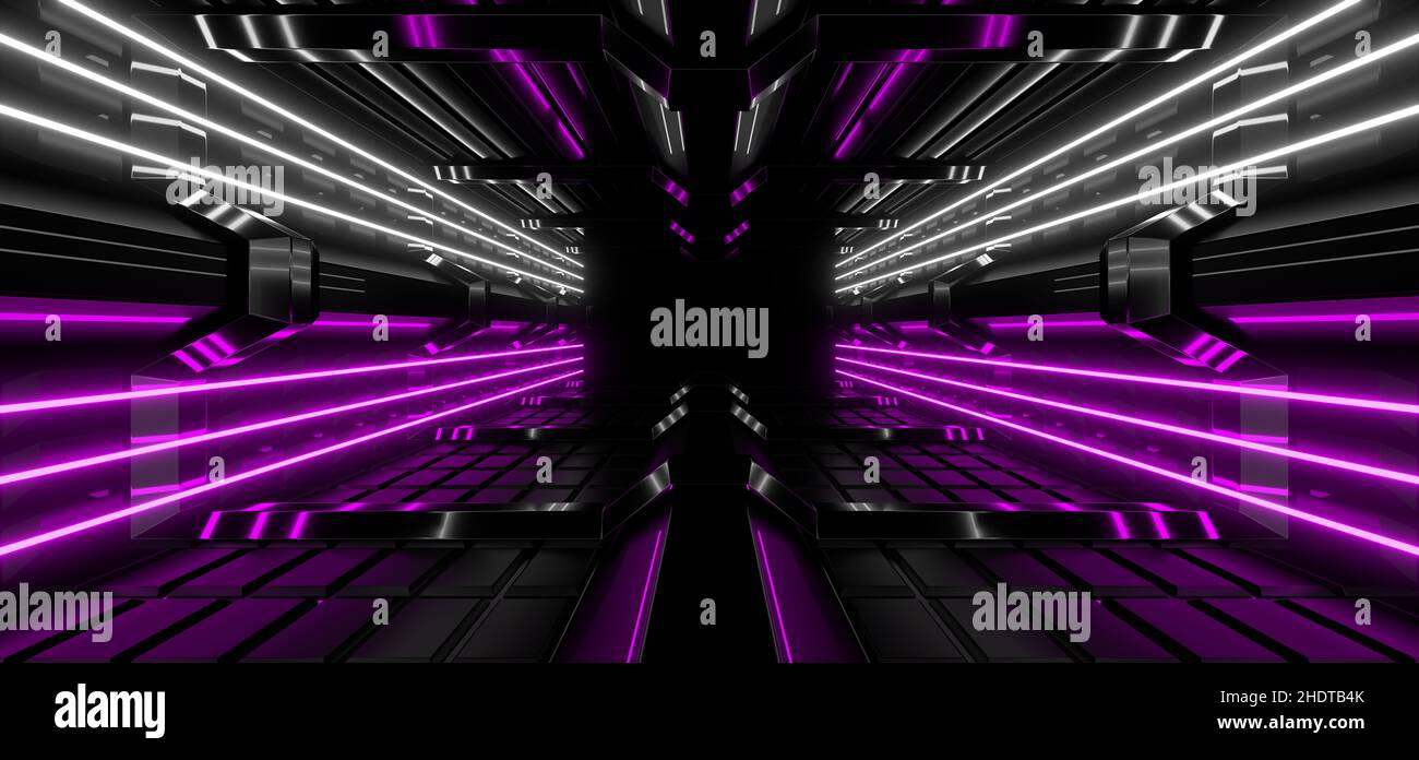 Sci Fy neon glowing lamps in a dark corridor. Reflections on the floor ...