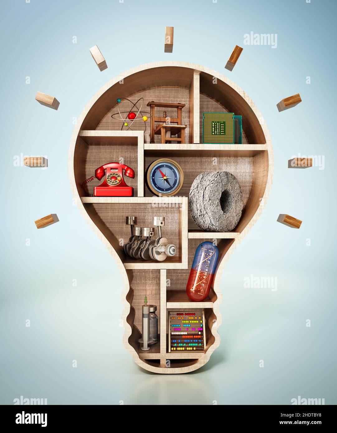 Objects representing important inventions in history standing on ...